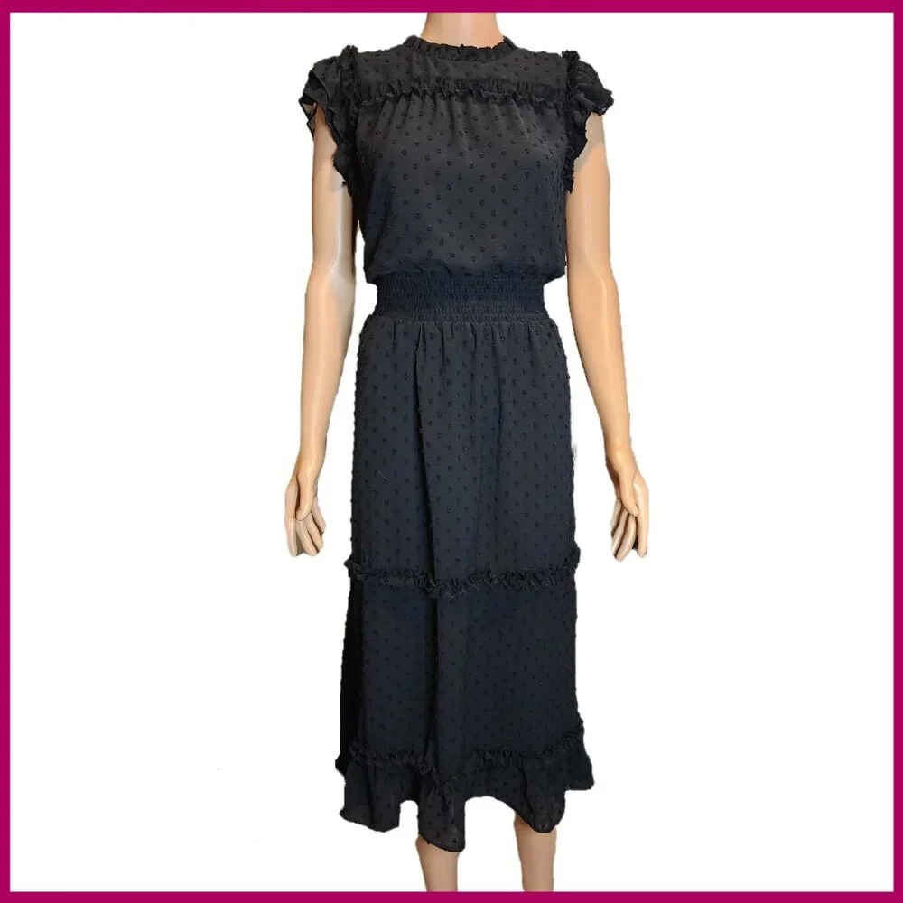 CeCe | Dresses | Cece Black Midi Dress With Swiss Dot Texture | Poshmark